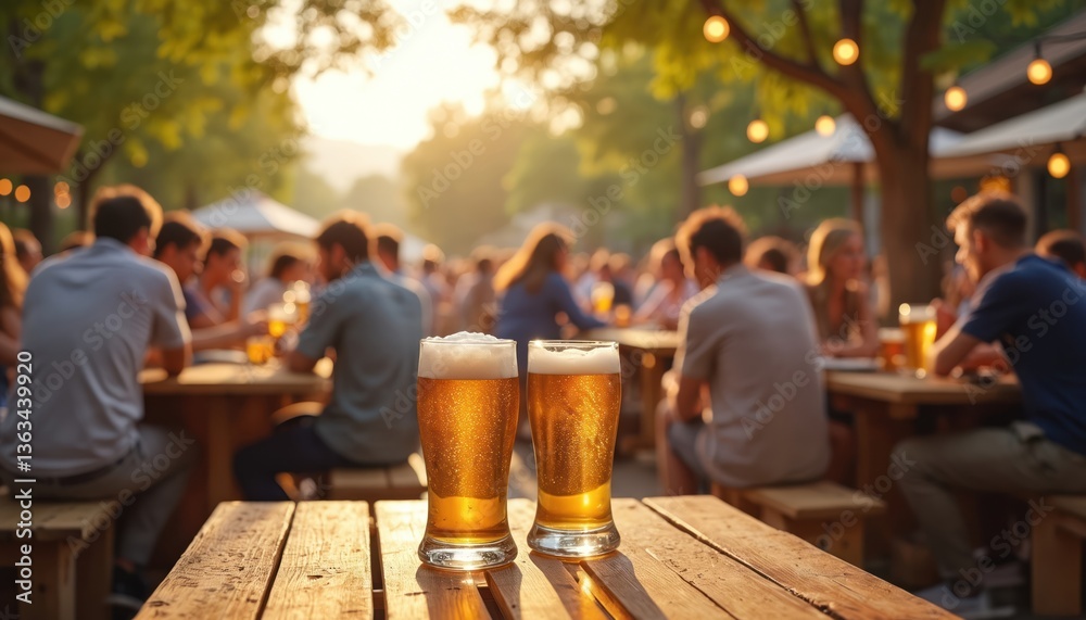 People enjoy outdoor beer garden, daylight, sunny weather. Friends ...