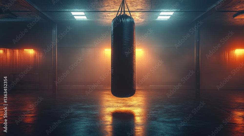 Empty Boxing Gym with Illuminated Punching Bag in Moody Atmospheric ...