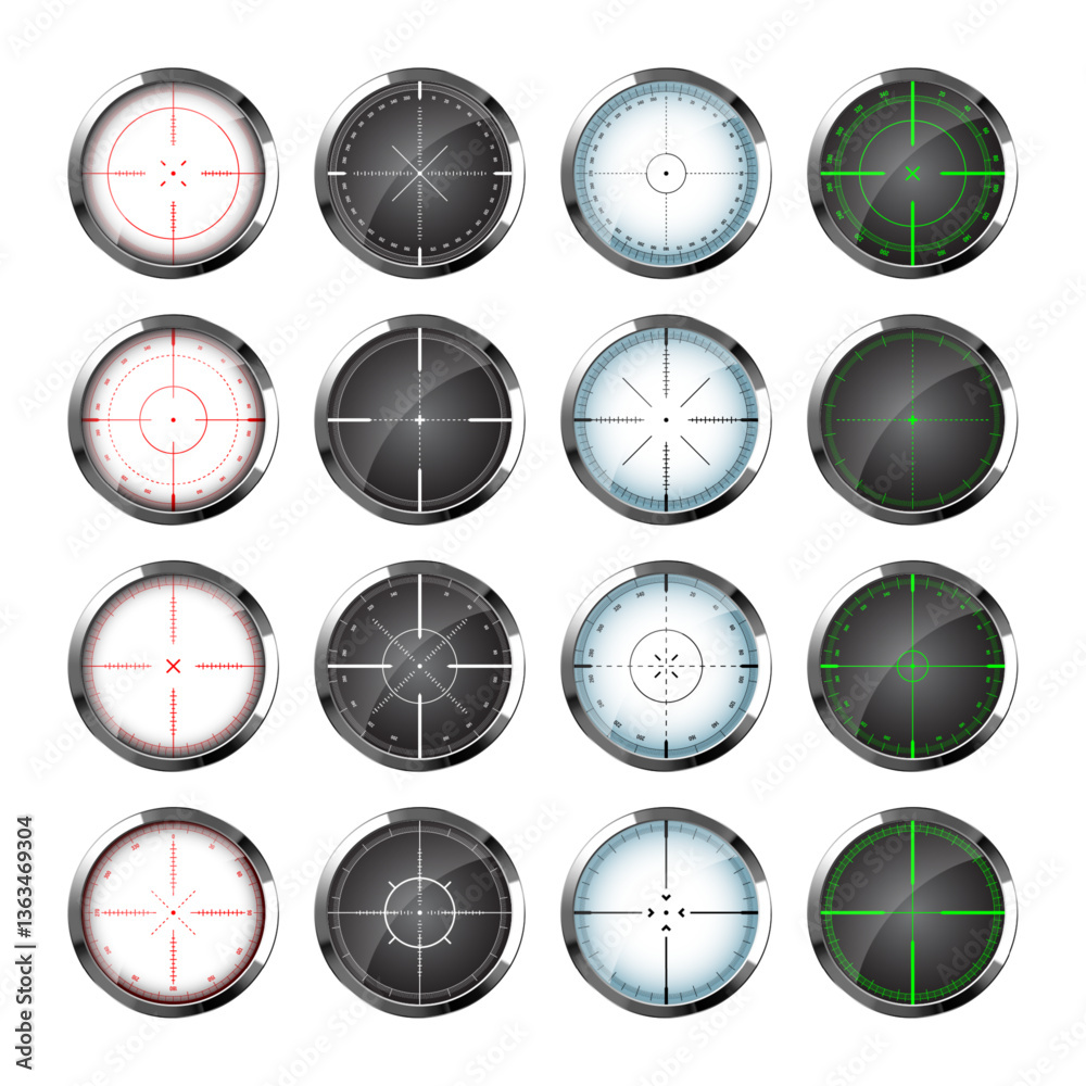 Chrome weapon sights, sniper rifle optical scopes. Hunting gun viewfinder with crosshair. Aim ...
