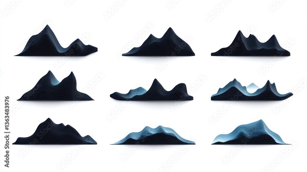 Nine dark mountain shapes on white background for use as a design ...