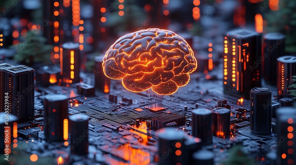 Glowing neural network shaped like a human brain floating inside a ...