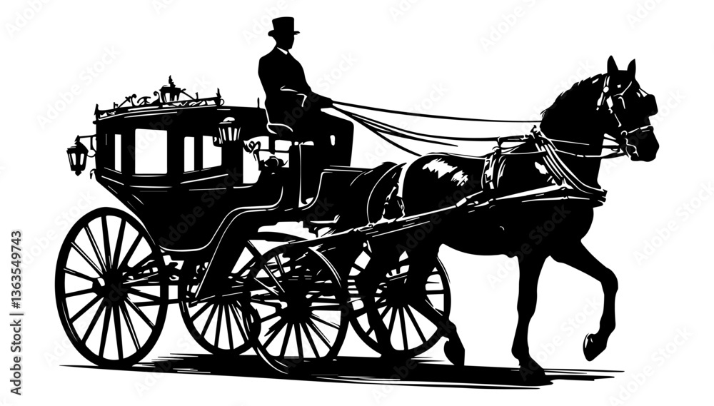 Black and white silhouette of a carriage with horse and coachman vector ...