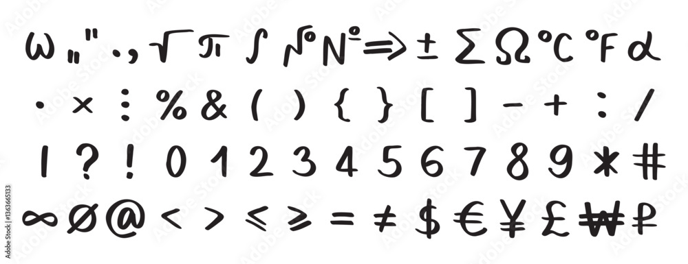 Scribble black special math symbols, numbers and signs. Symbols are ...