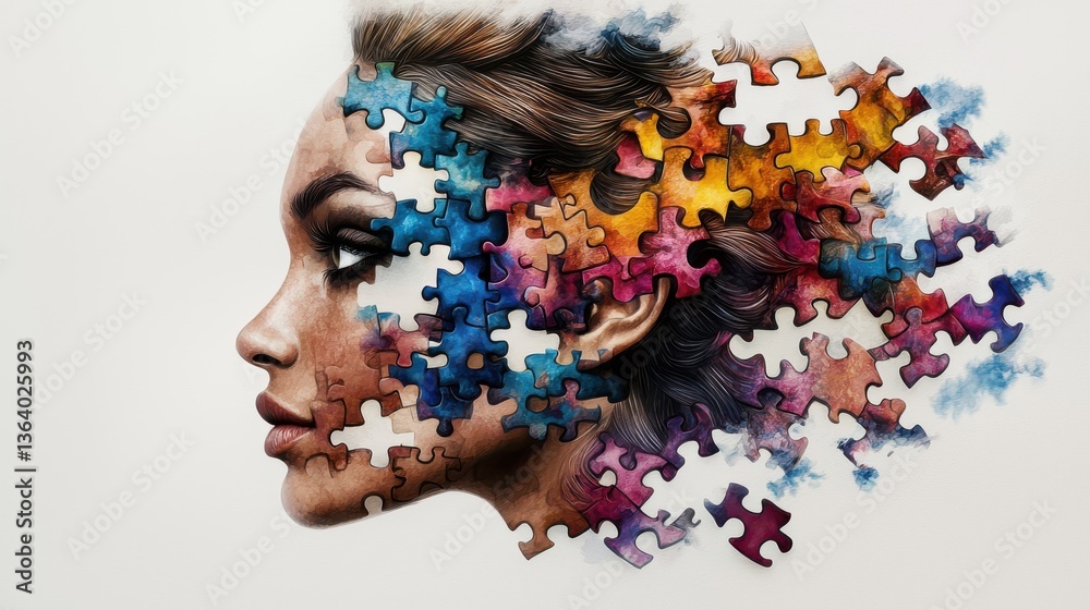 Surreal digital of a woman s face made up of colorful jigsaw puzzle ...