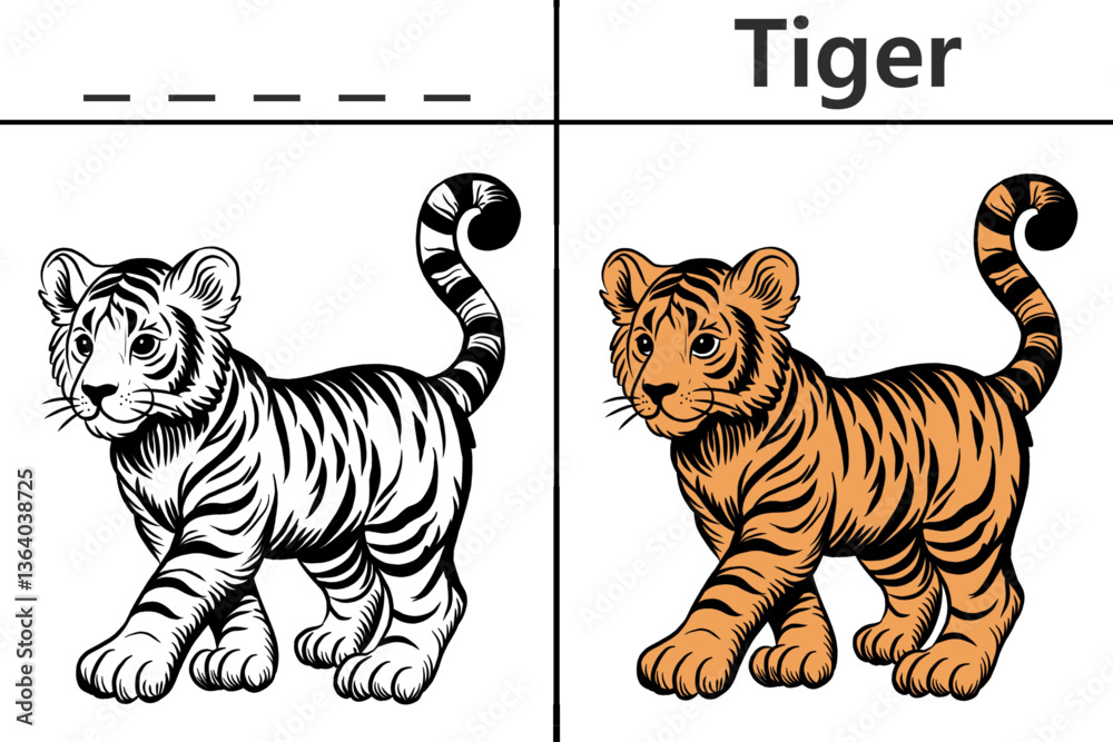 Tiger coloring pages for kids and learning to recognize letters, animal ...