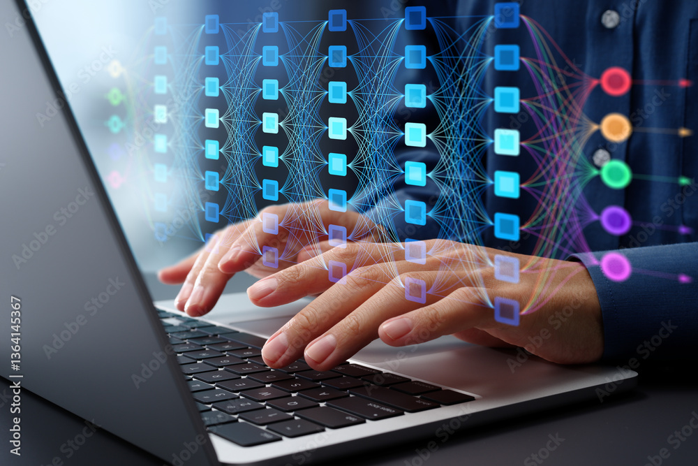 Ai And Deep Learning Neural Network Model And Diagram Businessman Using Laptop Computer To