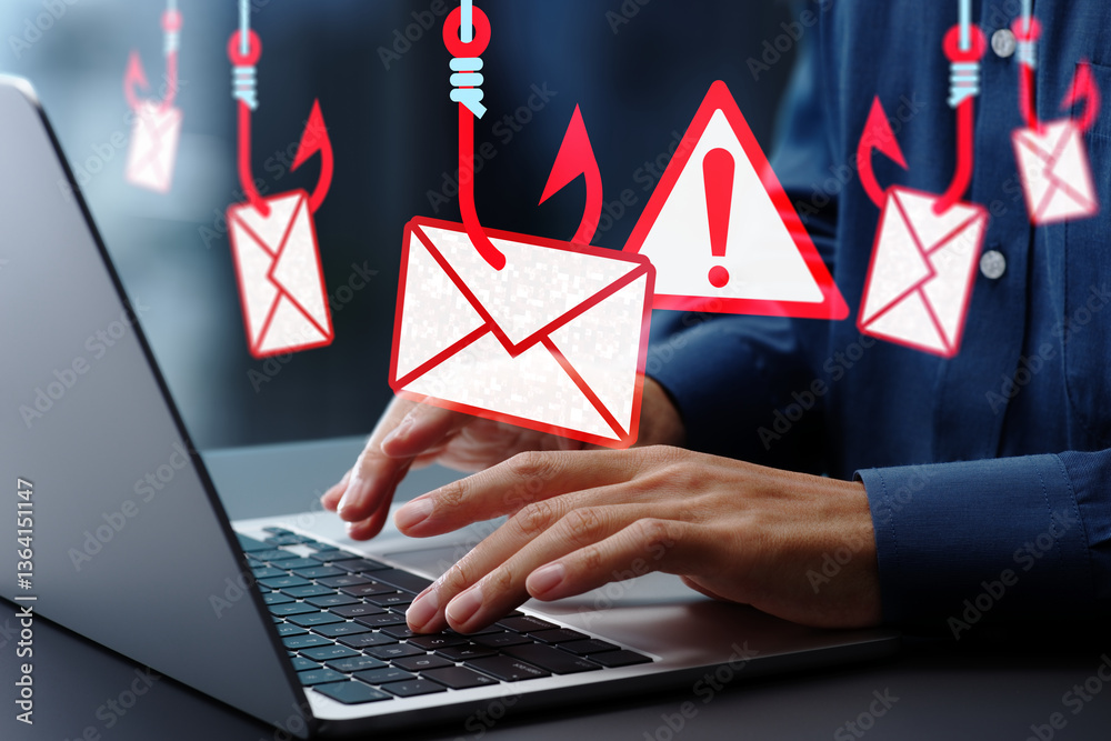 Phishing email scams and personal information theft. Hooked email icon ...