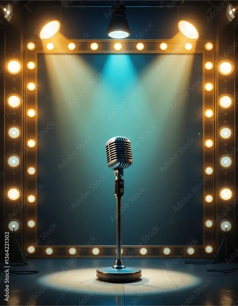 Vintage Microphone Spotlight Stage Background with Illuminated Border ...