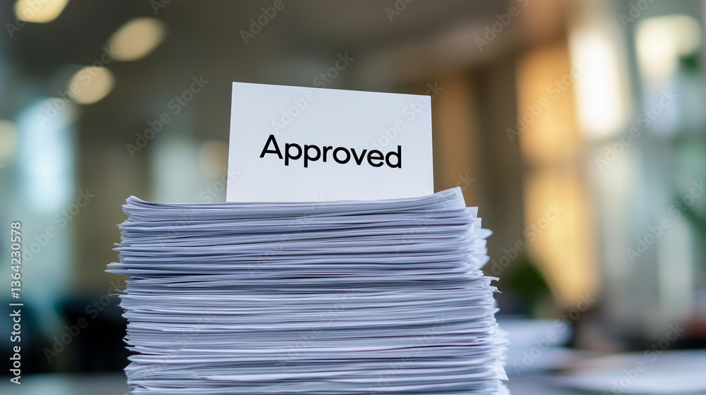 Pile of Office Papers with an 'Approved' Label Indicating Business ...