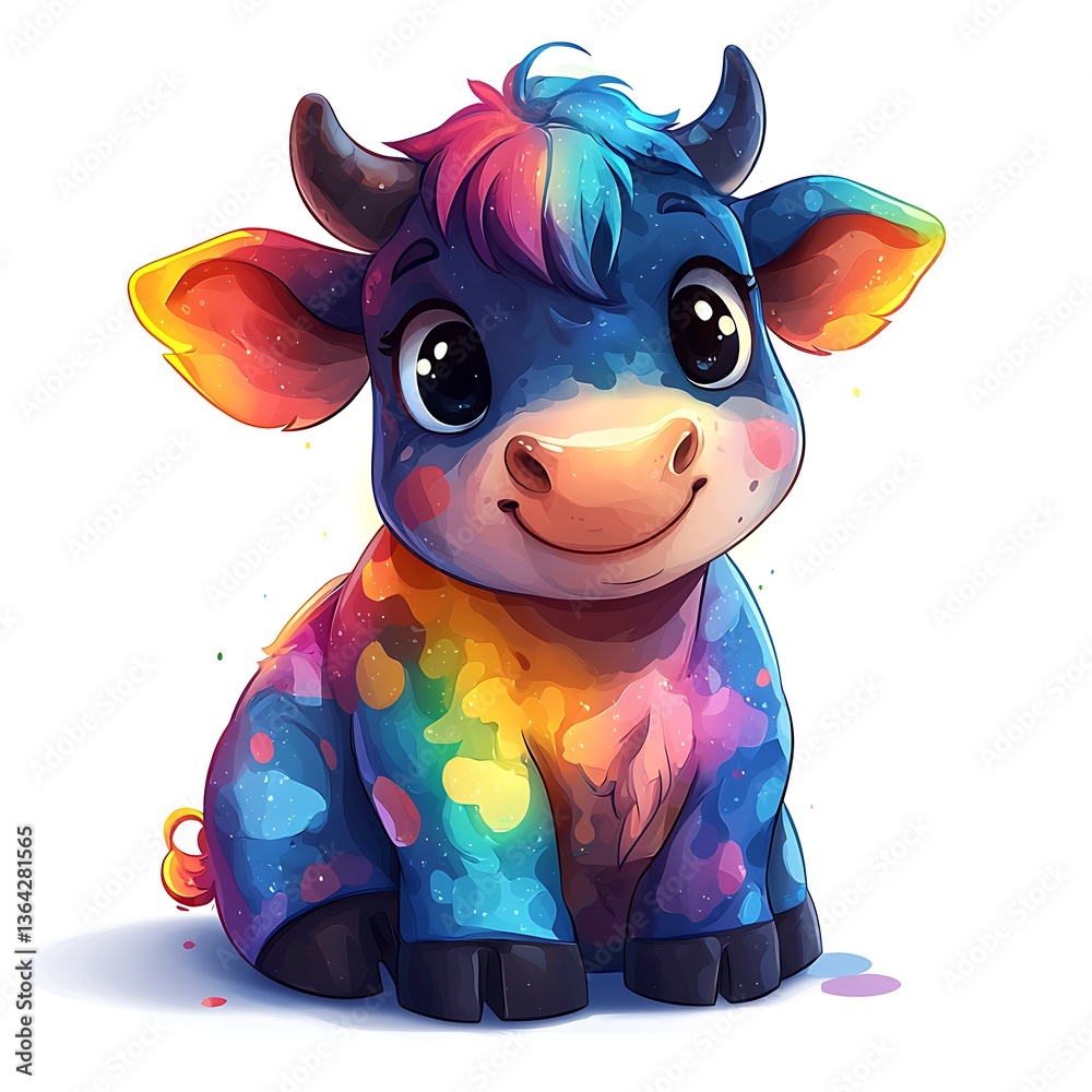 Cute cartoon cow with rainbow colors and joyful expression high ...