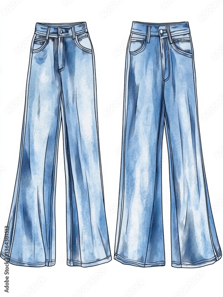 Wide leg jeans technical fashion illustration template showcasing front ...