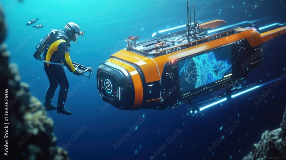 A marine biologist deploying an underwater AI drone, a deep-sea ...
