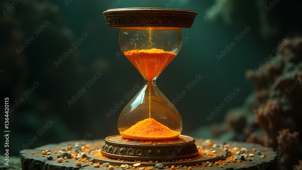 Atlantean hourglass with orichalcum metal sands within a sunken temple ...