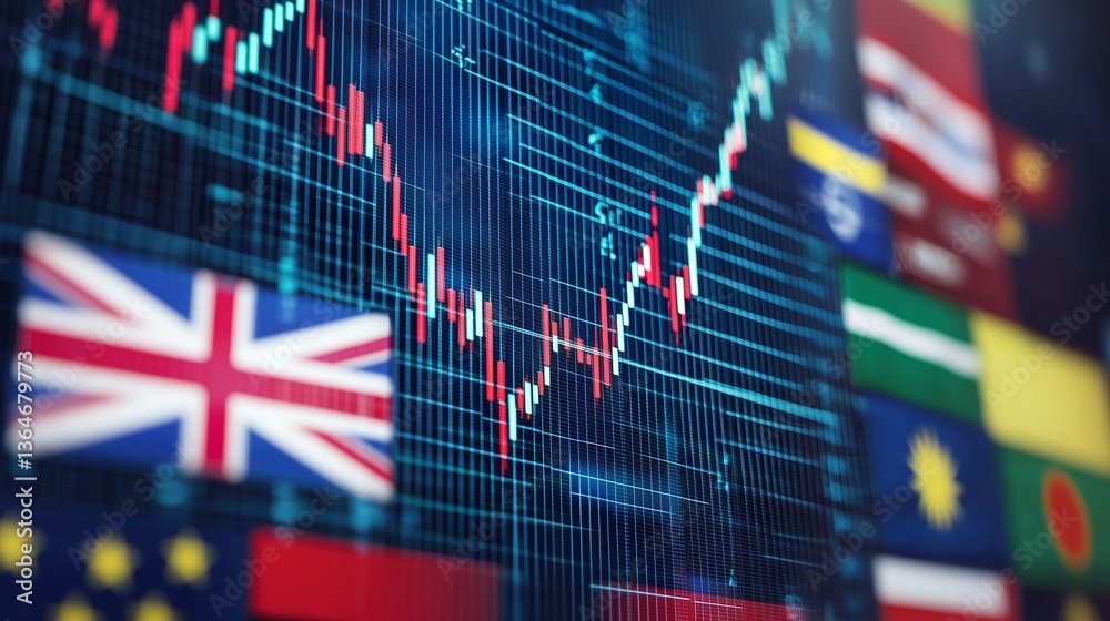Stock chart with global flags symbolizes international market trends ...