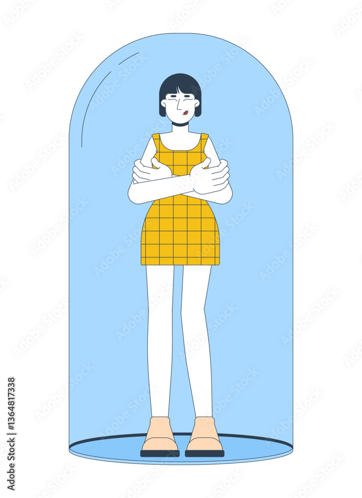 Smiling korean woman standing inside transparent glass dome 2D cartoon ...