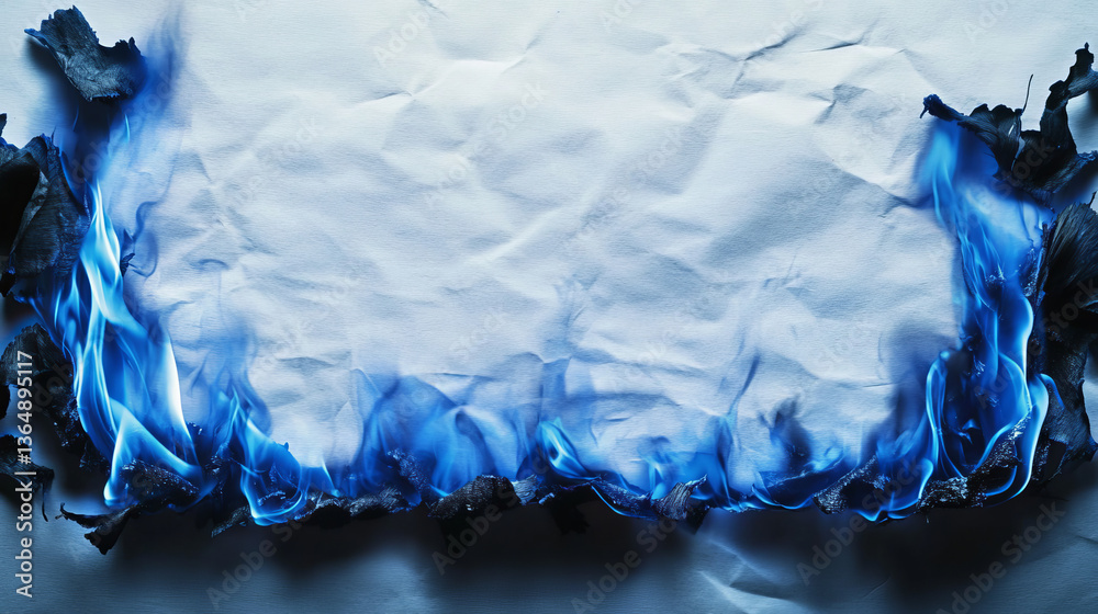 Burning white paper sheets with blue fire and black scorched edges ...