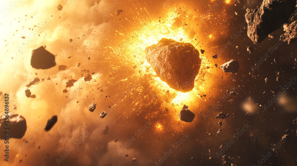 Dinosaurs extinct with meteorite falling on Earth. Asteroid explosion ...