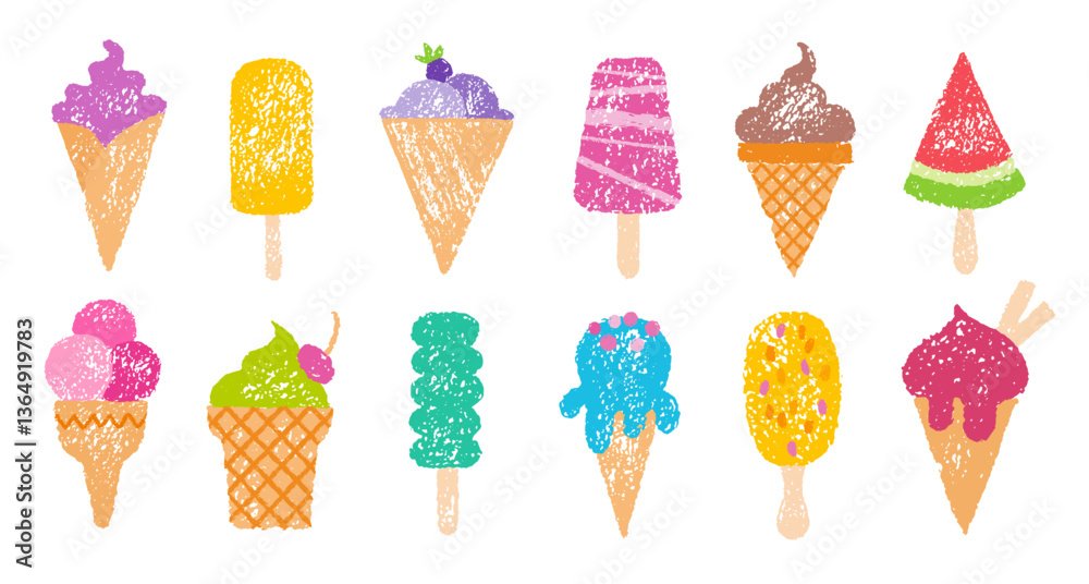 Ice cream cone vector. Crayon icon set with sundae, popsicle, chocolate ...