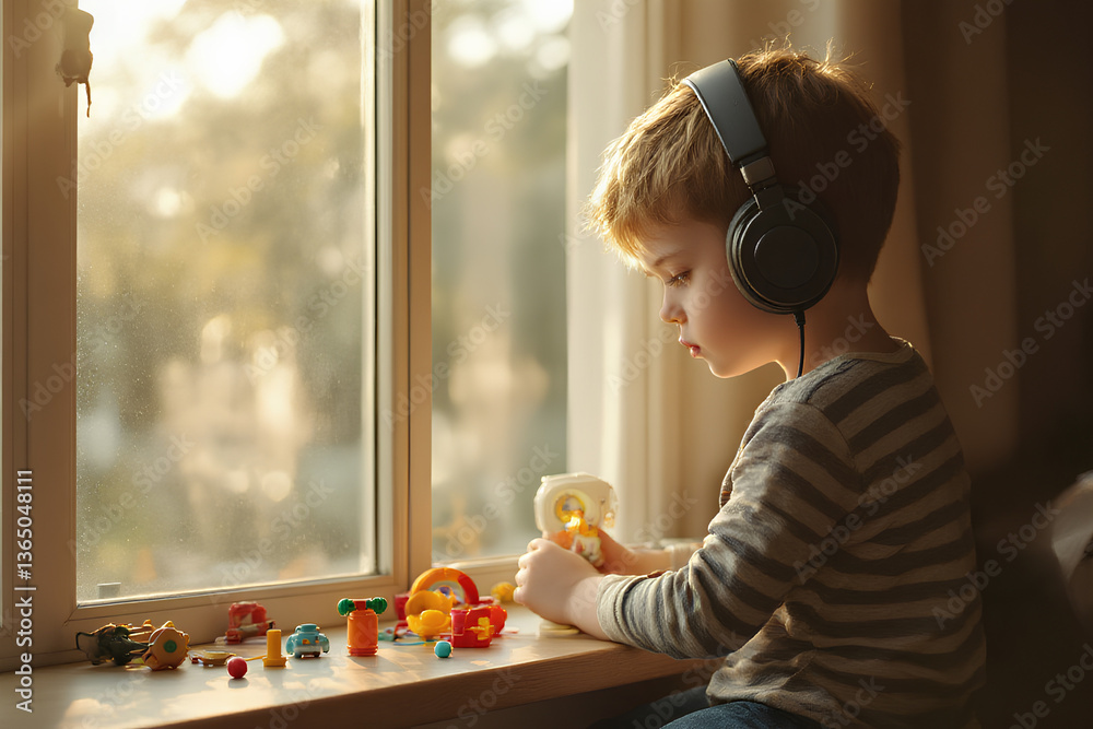 Young boy with headphones, conceptualizing autism's world through ...