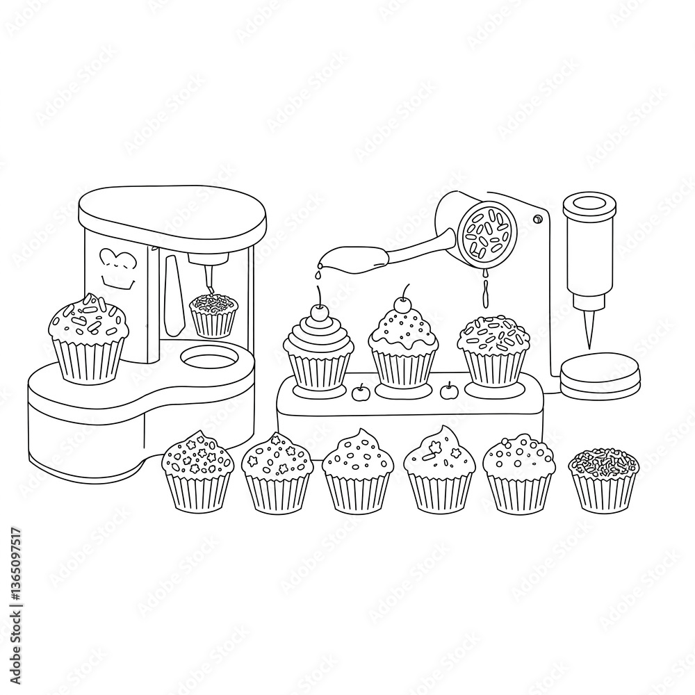 Line drawing of cupcake production line showcasing automated machines ...
