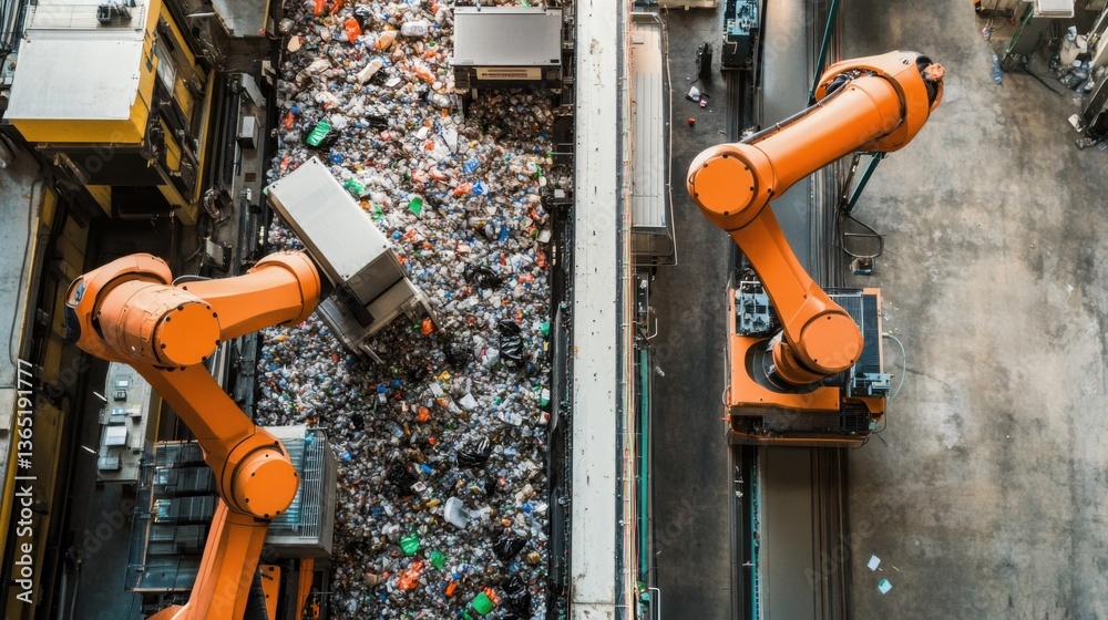 An AI driven automated waste recycling plant, robotic arms sorting materials with advanced ...
