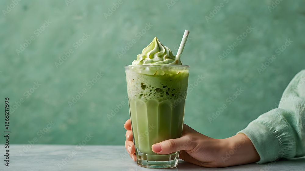 Hand Holding a Chilled Matcha Latte with Toppings and Boba Pearls Stock ...