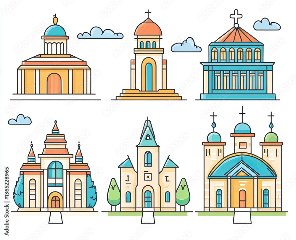 Collection of various religious buildings. Colorful, simple line art ...