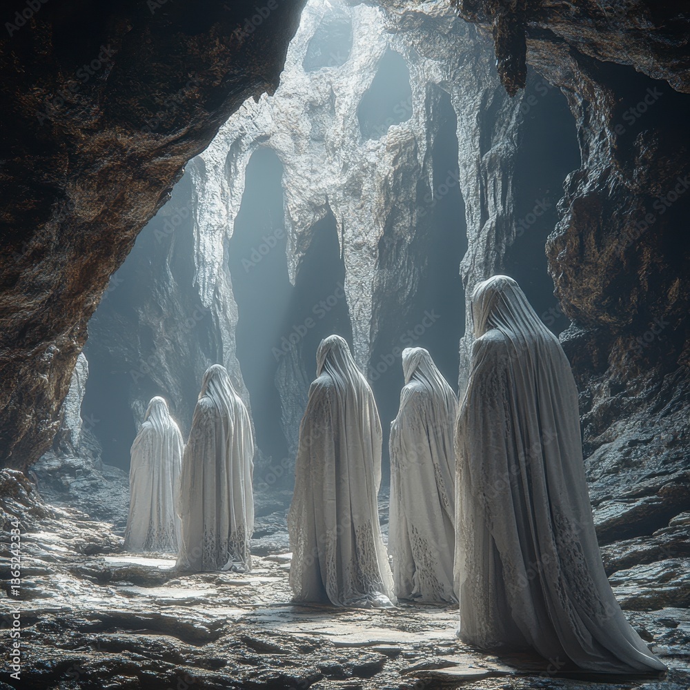 Pixelated Figures in White Cloaks Mysterious Cave Setting with Light ...