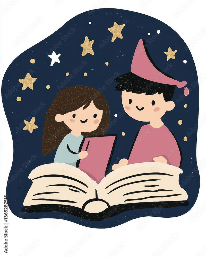 Whimsical Illustration of Children Reading a Book Under a Starry Night ...