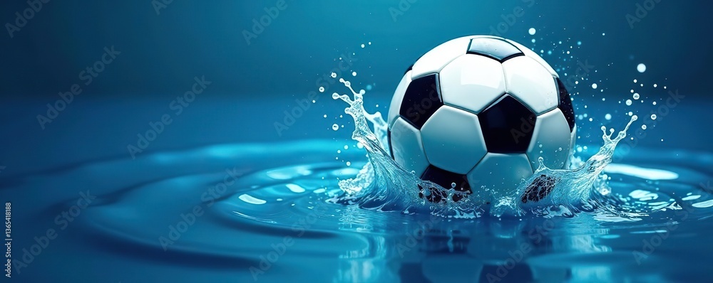 Soccer ball surrounded by blue water ripples and dynamic splash effects ...