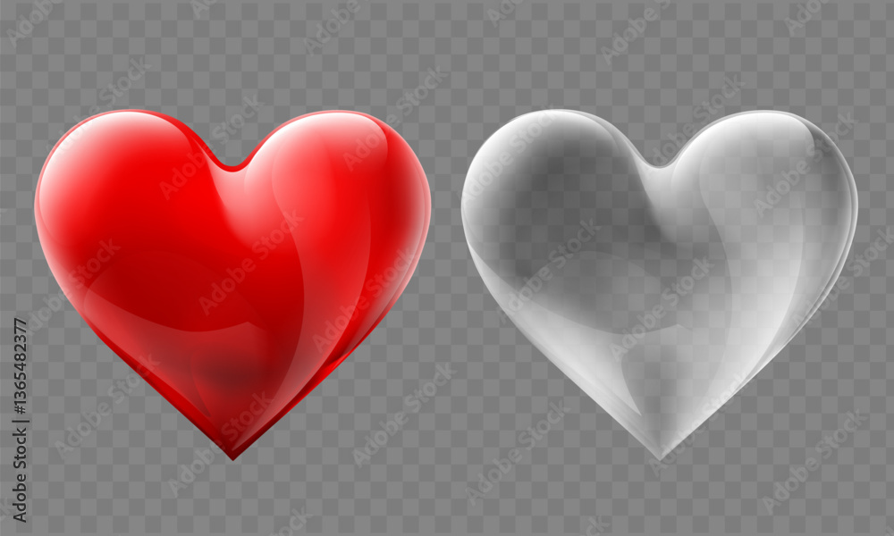 Red heart shape and empty glass heart. Isolated on transparent ...