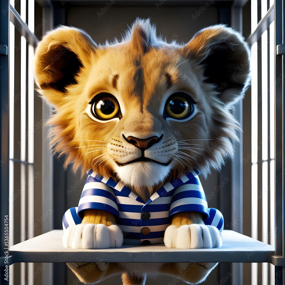 Cute lion cub wearing prison uniform sitting in jail Stock Illustration ...
