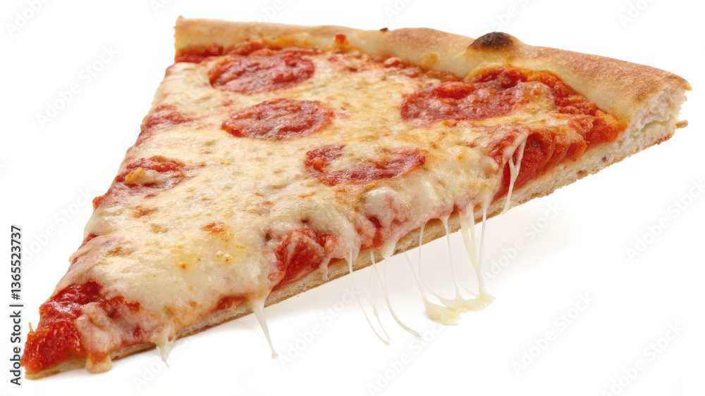 A triangular slice of pepperoni pizza rests at an angle, showcasing a ...