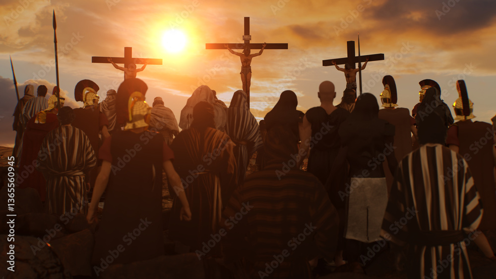 Golgotha crucifixion of Jesus Christ, large crowd watching the ...