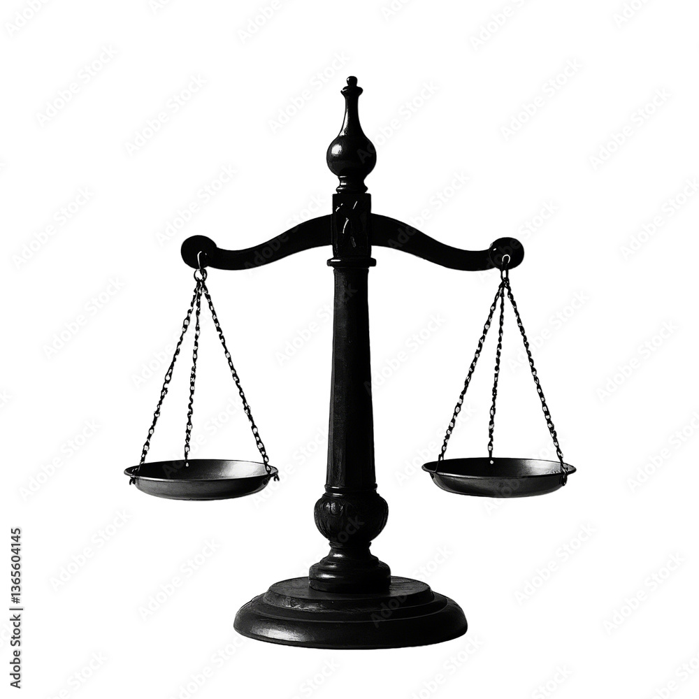 Black balance scale with two pans representing justice and fairness ...