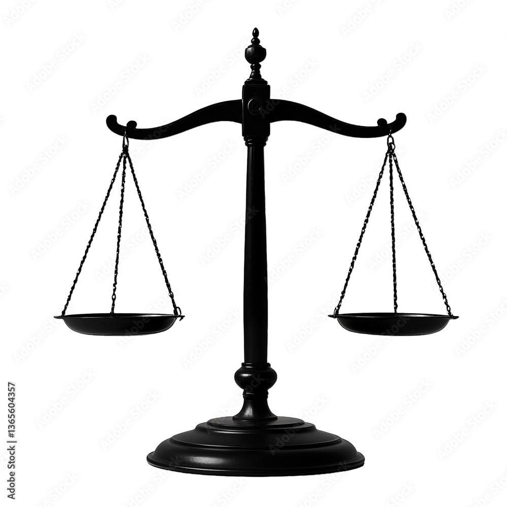 Black balance scale with two pans representing justice and fairness ...