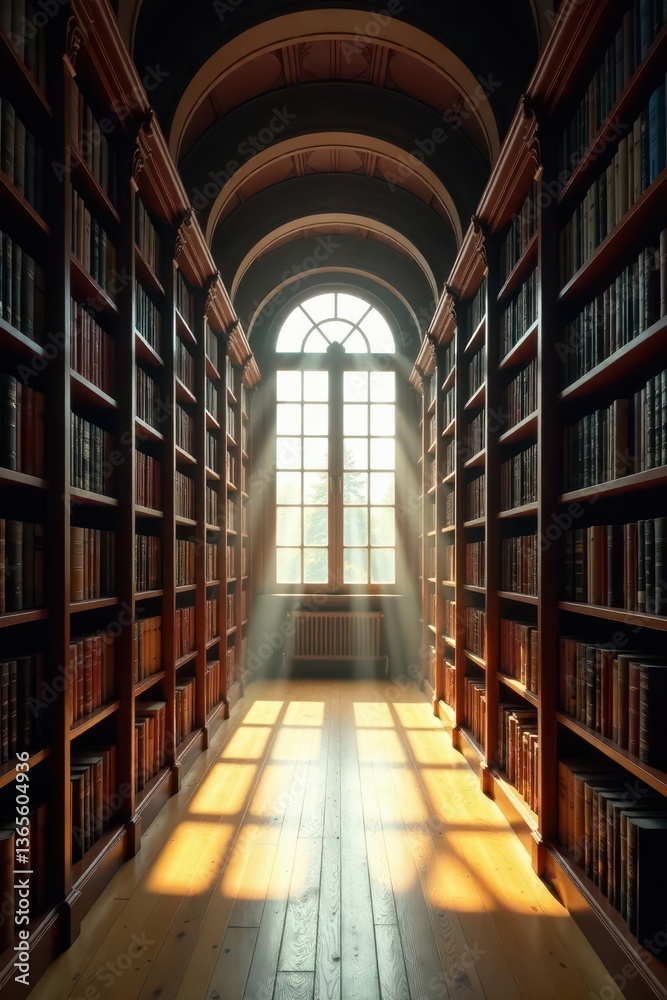 Sunlight streams through arched ceiling onto towering bookshelves in a ...