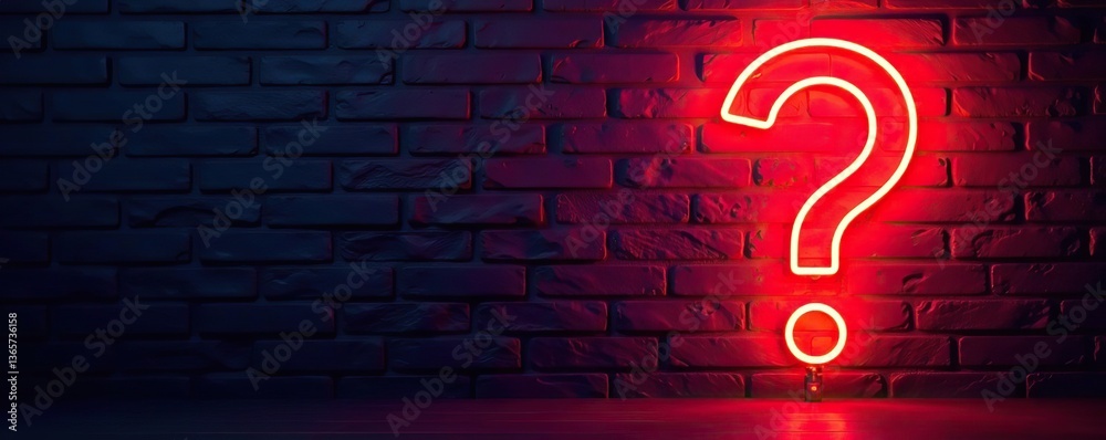 Neon sign in the shape of a bold question mark glowing against a dark ...