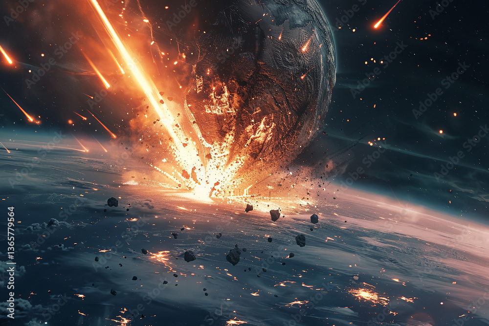 Asteroid hitting earth with explosion representing doomsday scenario ...