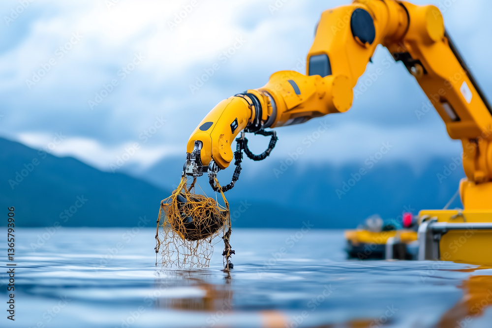 Robot arm extracting tangled roots from the water. Calm lake setting ...