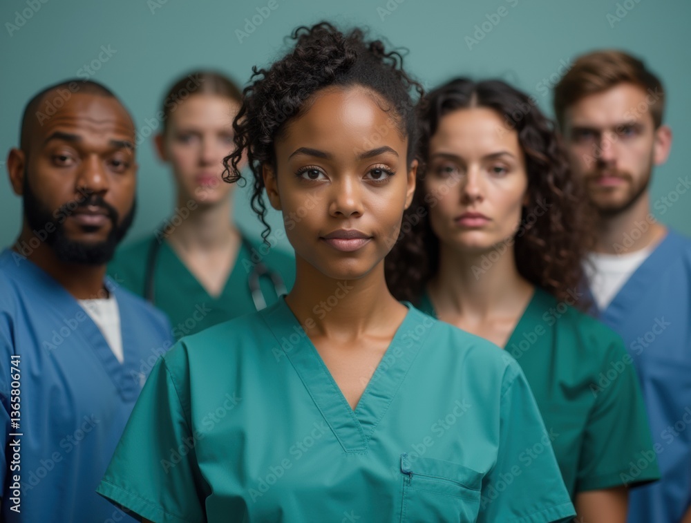 Group portrait of diverse healthcare workers in blue and green scrubs ...