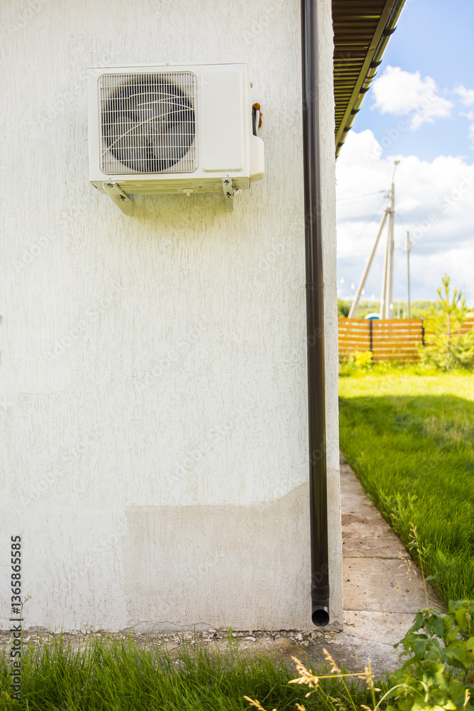 Wall with mounted air conditioner and black drainpipe. Exterior utility ...