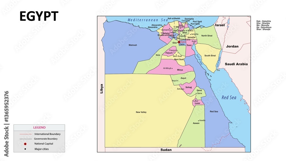Egypt map. Country and union territories of Egypt with neighbouring ...
