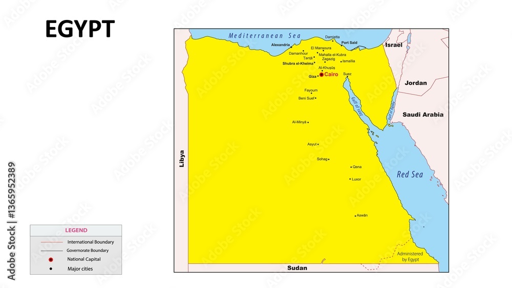 Egypt map. Major cities in Egypt. Political map of Egypt with border ...