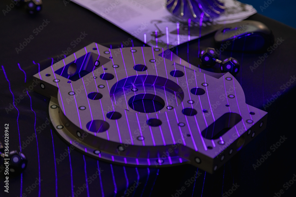 Purple laser lines scanning a mechanical component, enhancing precision ...