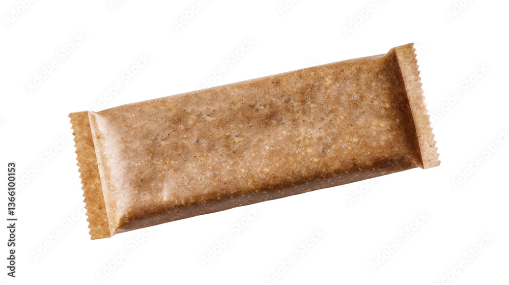 One protein bar in a sealed package is laying on a transparent ...