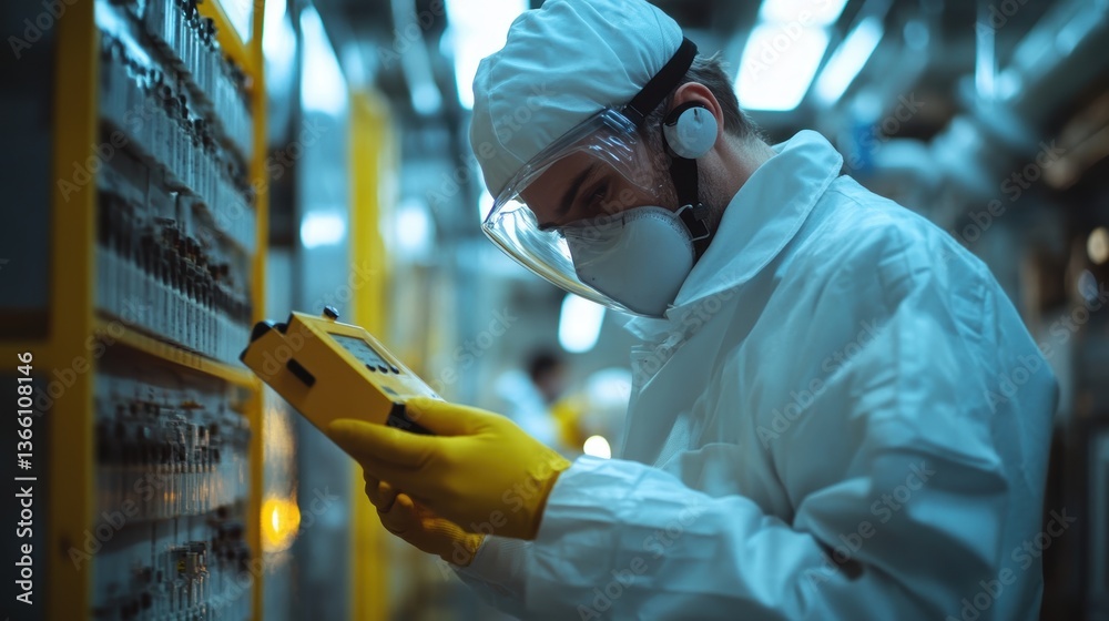 A radiation detection specialist using a Geiger counter in a nuclear ...