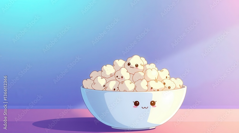 Cute Kawaii Style Anime Popcorn UwU in a White Bowl with Smiles, Blue ...