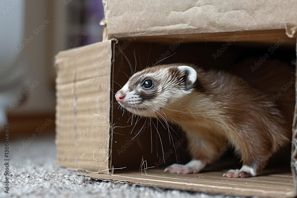 Ferret cautiously sniffing inside of newly opened cardboard box sleek ...