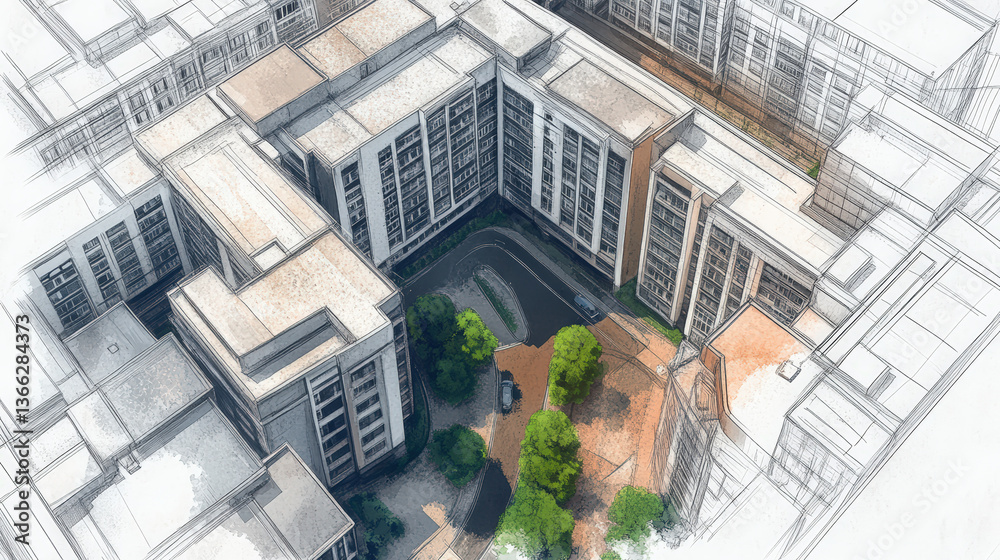 Hand-drawn architectural rendering of a residential apartment complex ...